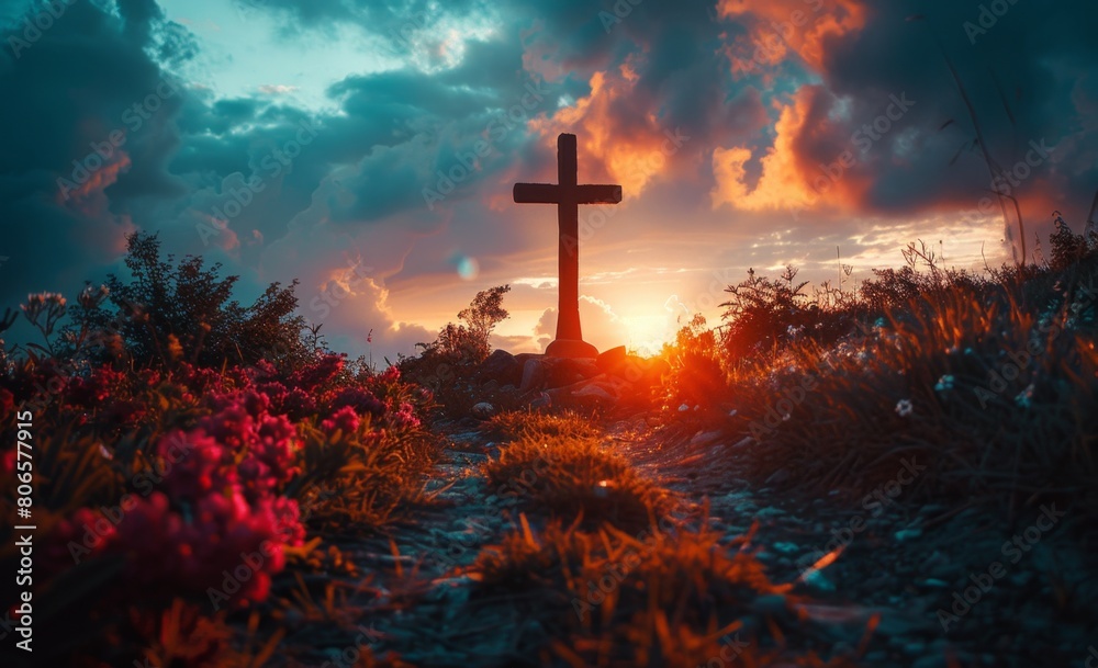 The cross on the hill with beautiful sunset sky background, Easter ...
