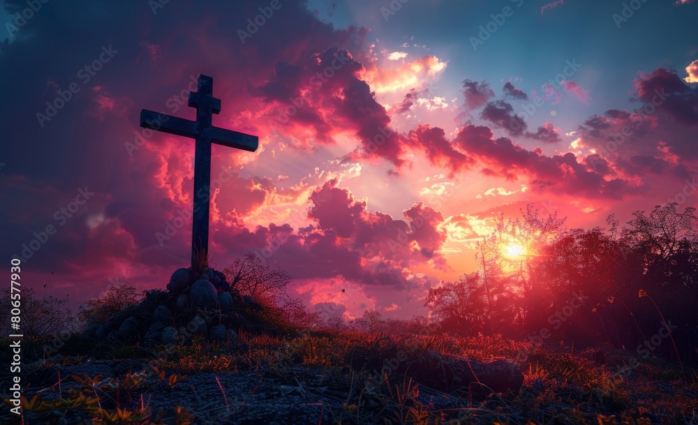 The cross on the hill with beautiful sunset sky background, Easter ...