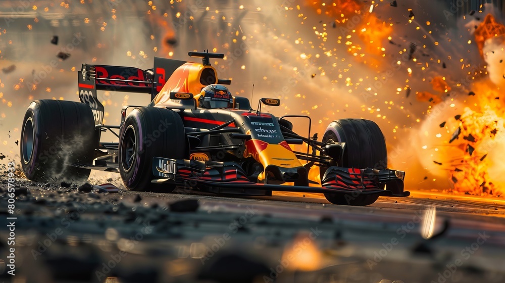Close-up photograph of a Red Bull Formula 1 car against a dynamic ...
