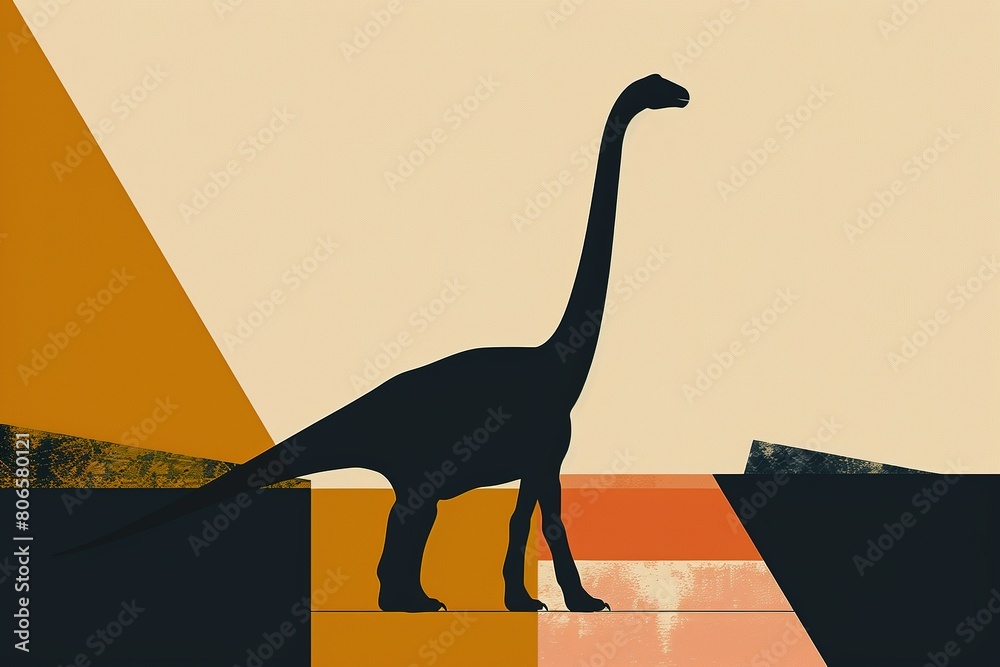 A minimalist poster of a Diplodocus silhouette against a bold ...