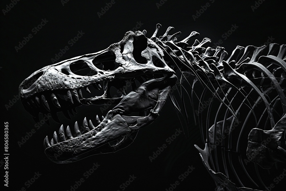 An artistic interpretation of an Allosaurus skeleton illuminated by ...