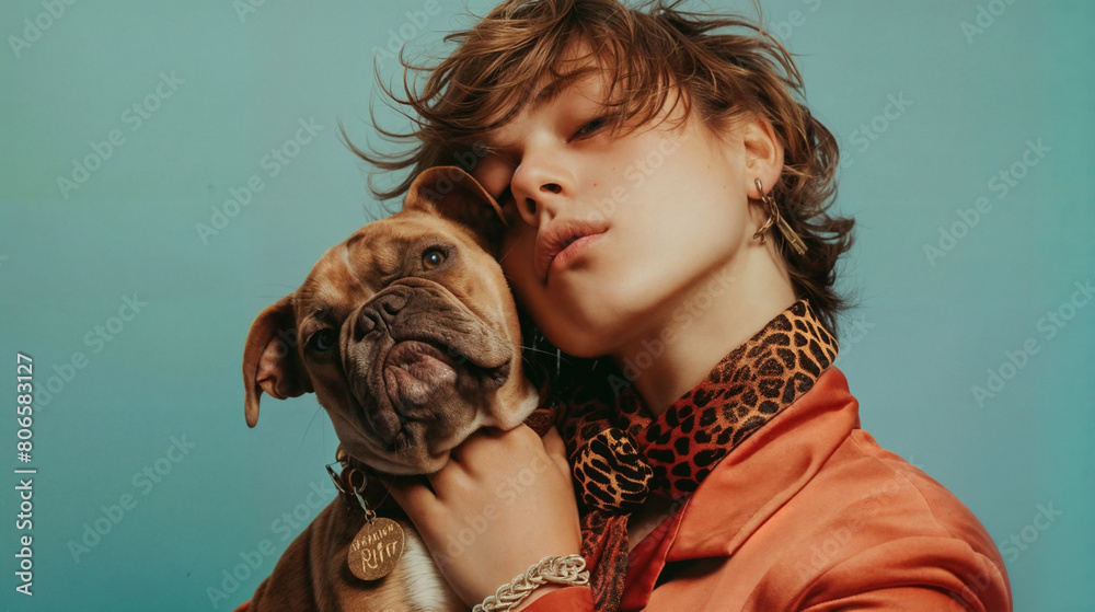 Young stylish model with dog posing for edgy and modern fashion ...
