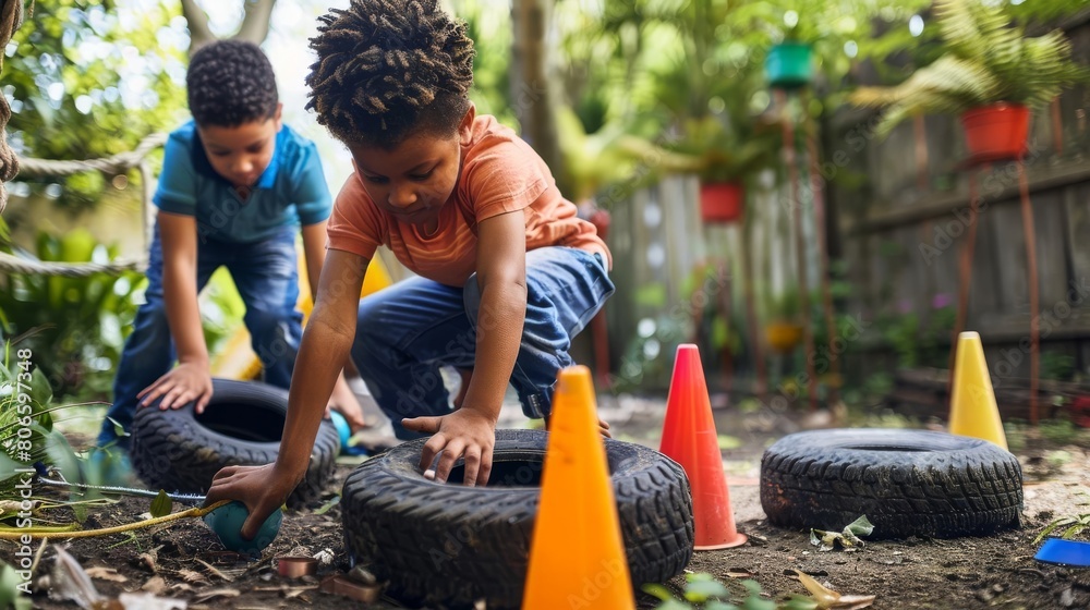 Kids building an obstacle course in the backyard, using old tires ...