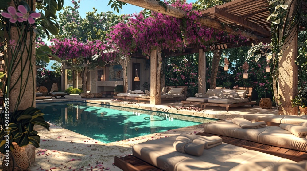 The exterior of a tropical villa with a pool, featuring a cozy nook ...