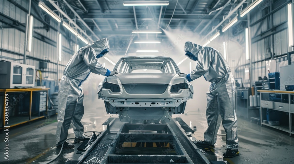 Car painter. Worker wearing a paint spraying suit in the automotive ...