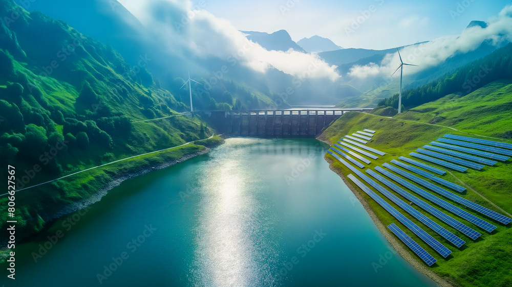 Renewable green energy concept with hydro power, wind power and solar ...