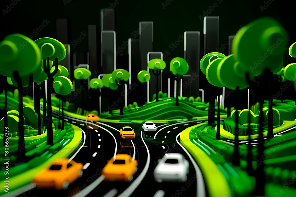 Road leading into a neon green city enhanced by digital illustrations ...