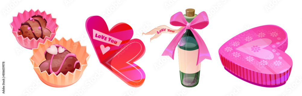 Chocolate Valentine day set with candy in gift box. Wine, sweet food ...