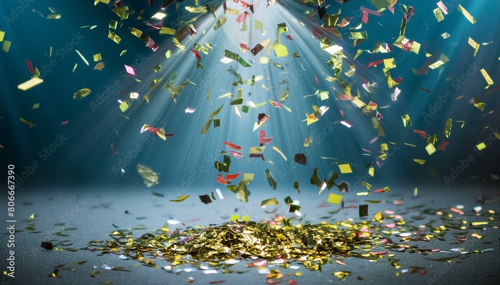 Golden confetti rain on festive stage with light beam in the middle. A ...