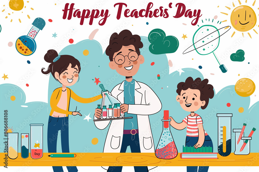 Vector Illustration of Happy Teachers' Day: Teacher and Students Doing ...