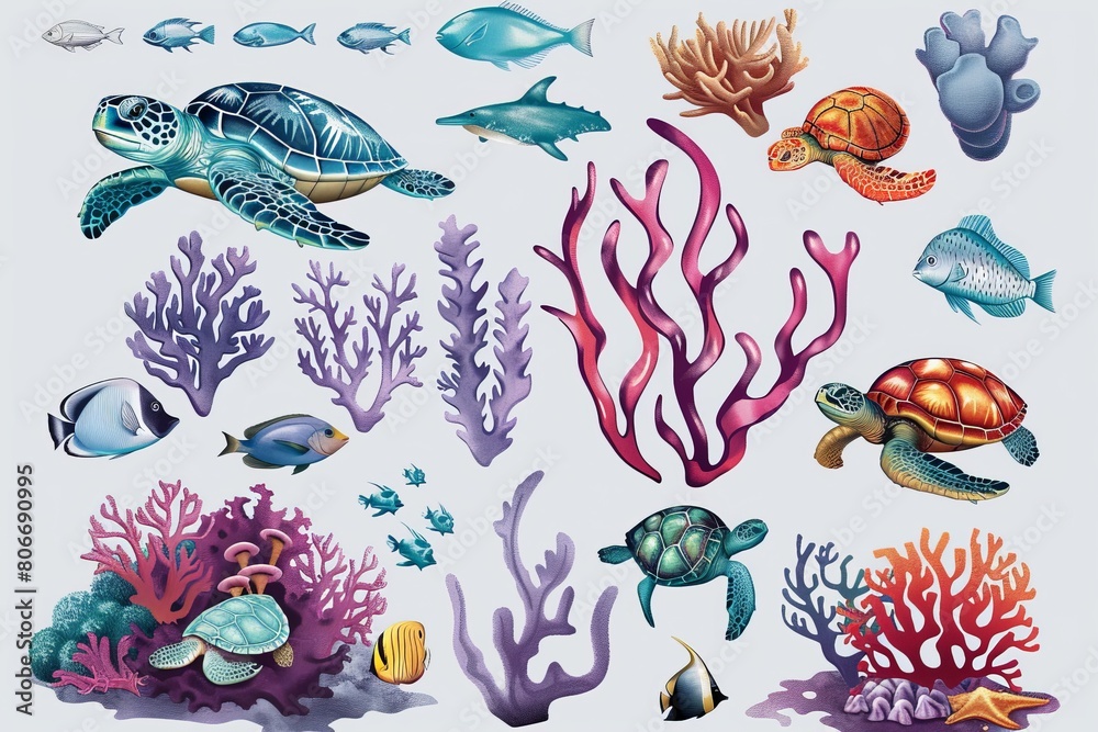 Marine life, such as colorful coral reefs, schools of tropical fish ...