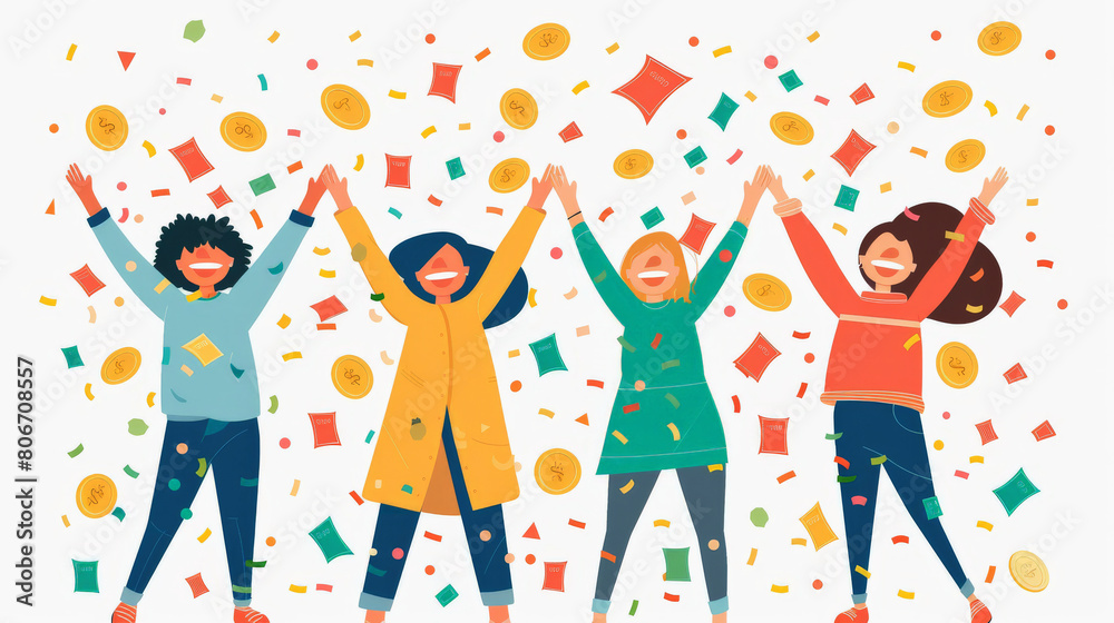 Illustration of four joyful animated characters with raised hands ...