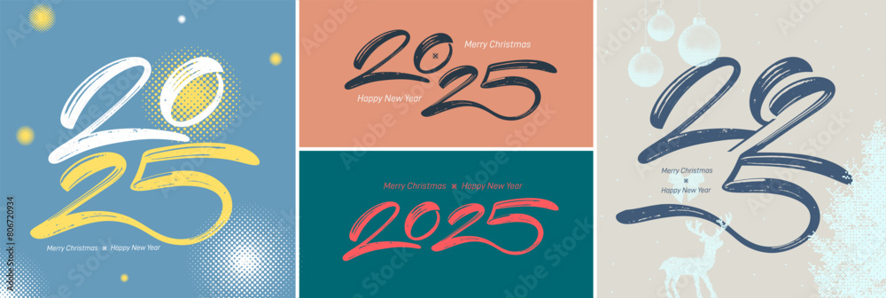 Happy New Year 2025 lettering logos. The number is hand drawn with a ...