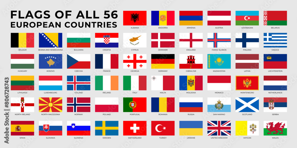 A set of rectangle flags of European countries in alphabetical order ...