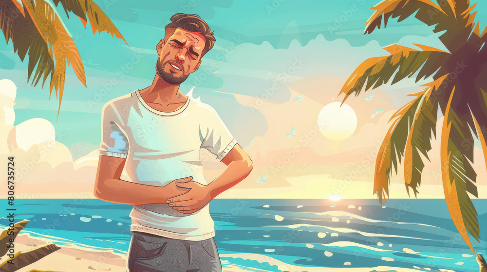 Stock-Illustration „sad man holds his hand on his sore stomach at the ...