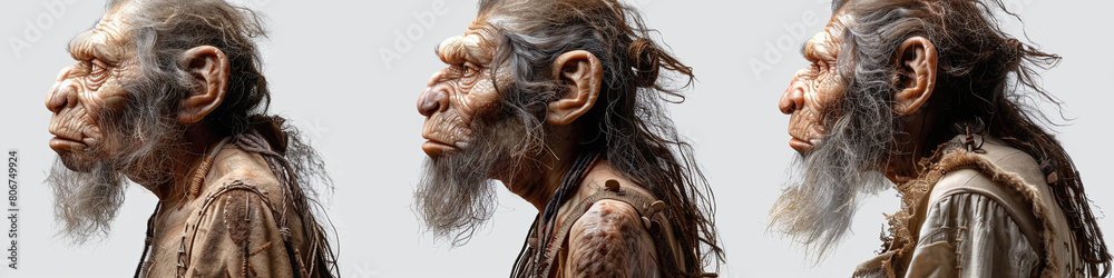ภาพถ่าย Stock Three side profiles of a realistic model of a Neanderthal ...