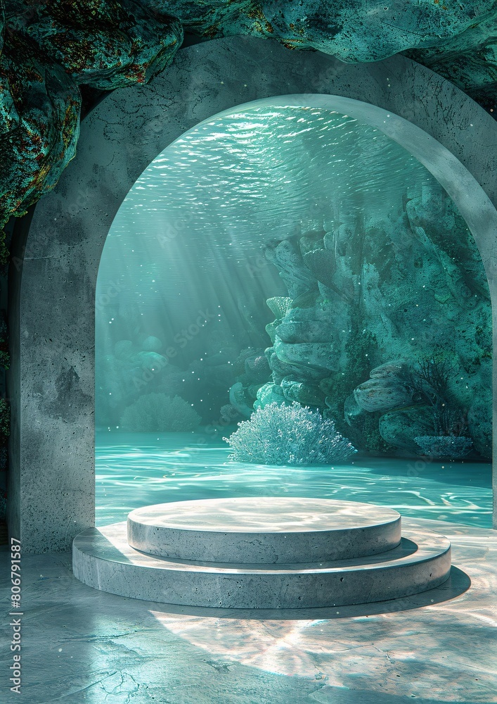 product podium display presentation with underwater background and arc ...