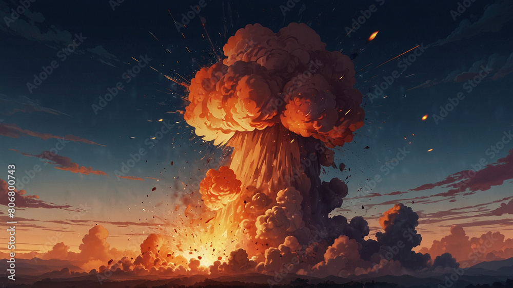 Epic anime style nuclear explosion background, cartoon blast with smoke ...