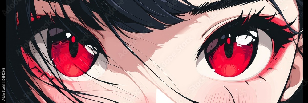 cartoon close up of red eyes on a white background, with black hair ...