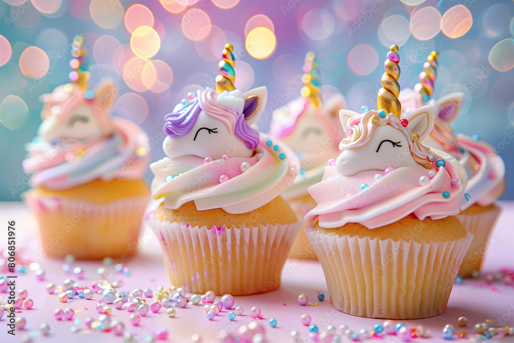 pastel unicorn themed cupcakes with cute unicorns toppings on a bright ...