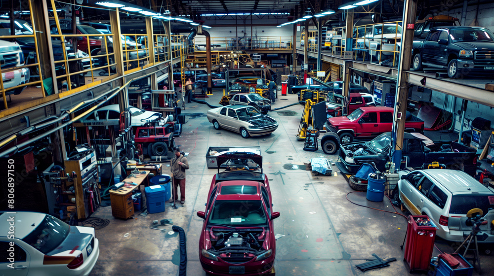 Busy automotive repair shop interior with various vehicles in different ...
