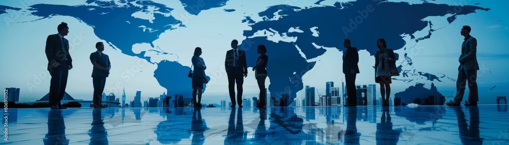 Business Concept : Silhouettes on map show complex global business ...