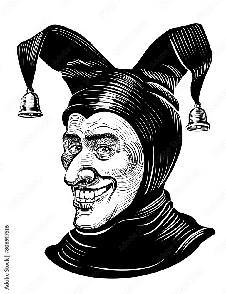 Jester head. Hand drawn retro styled black and white illustration Stock ...