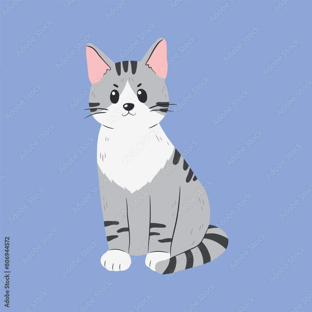 Cartoon grey color tabby adorable cat isolated vector illustration ...