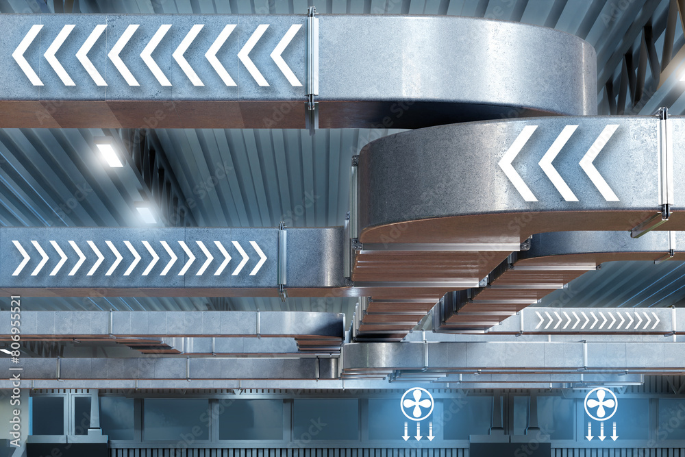 Industrial utilities. Ventilation pipes under roof. Air handling unit ...