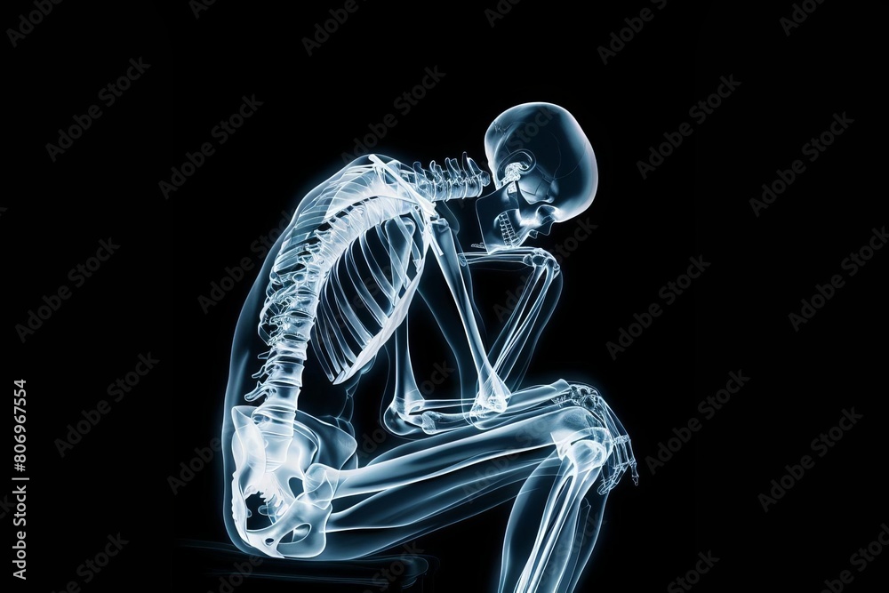 Fullbody x-ray skeleton in a sitting posture, showing bone structure of ...