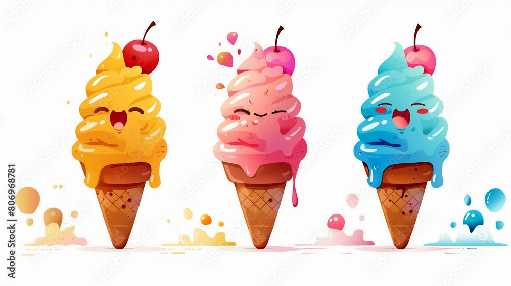 Colorful cartoon illustration of three animated ice cream cones with ...