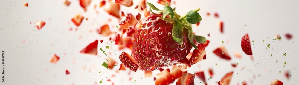 Surreal poster of a strawberry exploding into neatly cut pieces ...