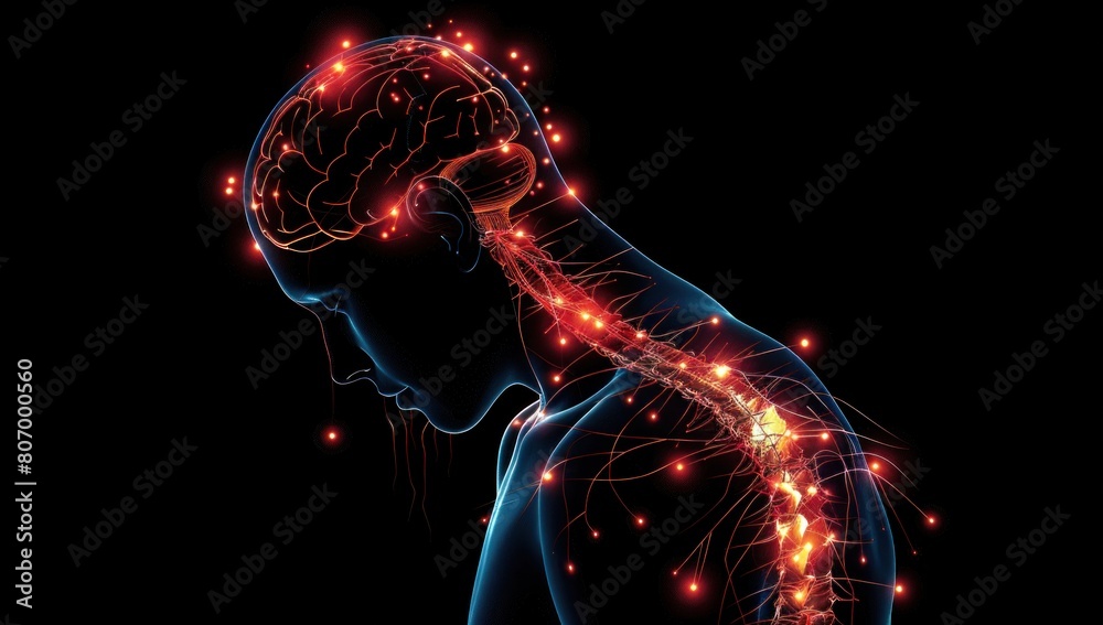 A silhouette figure with red, pulsating lines tracing the path of nerve ...