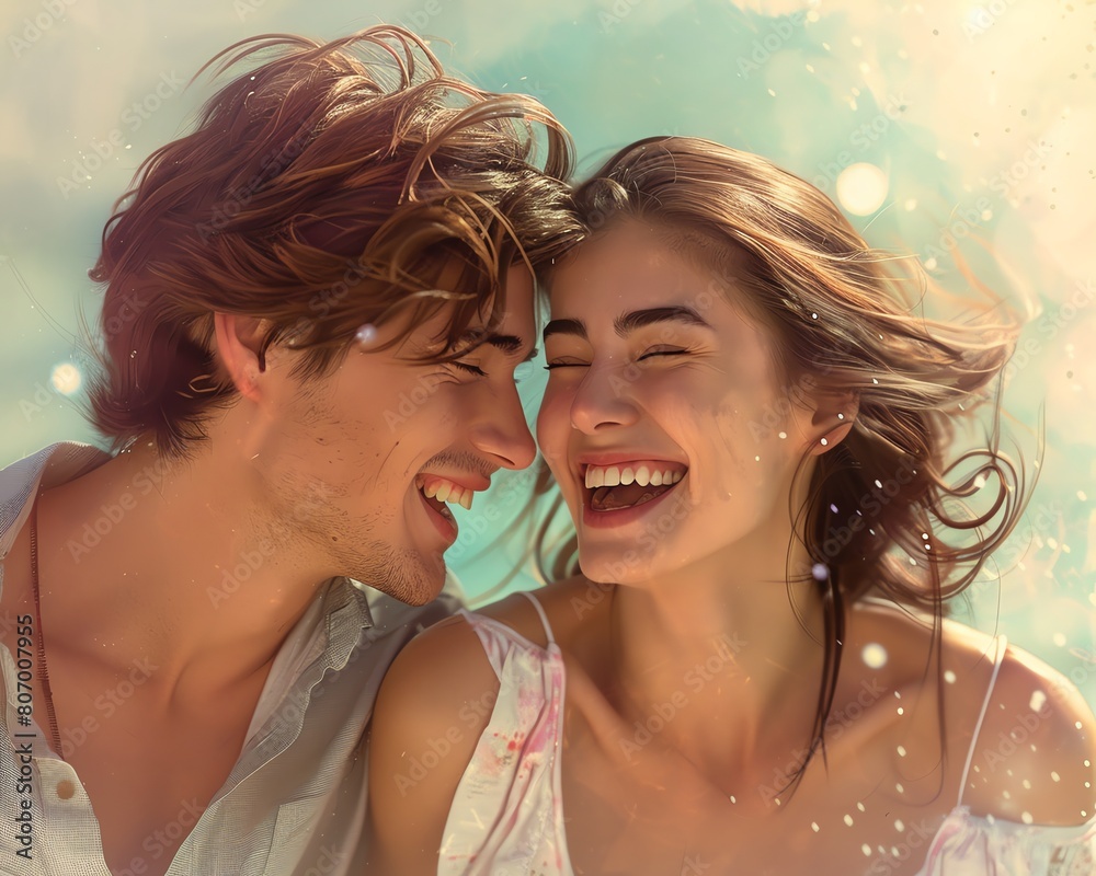 Depict a young couple laughing together, with a simple, soft ...