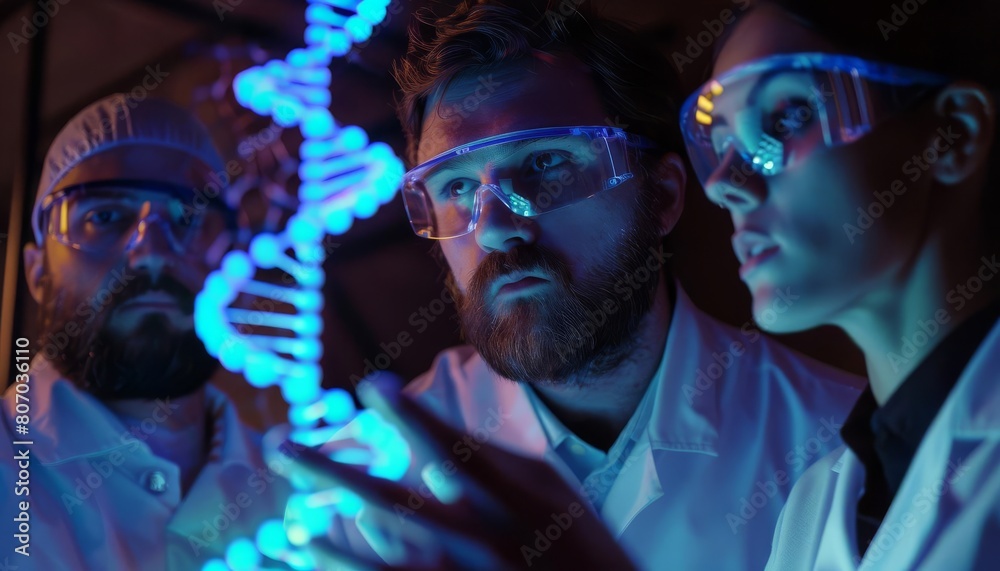 Scientists observing a holographic projection of a DNA strand, planning ...