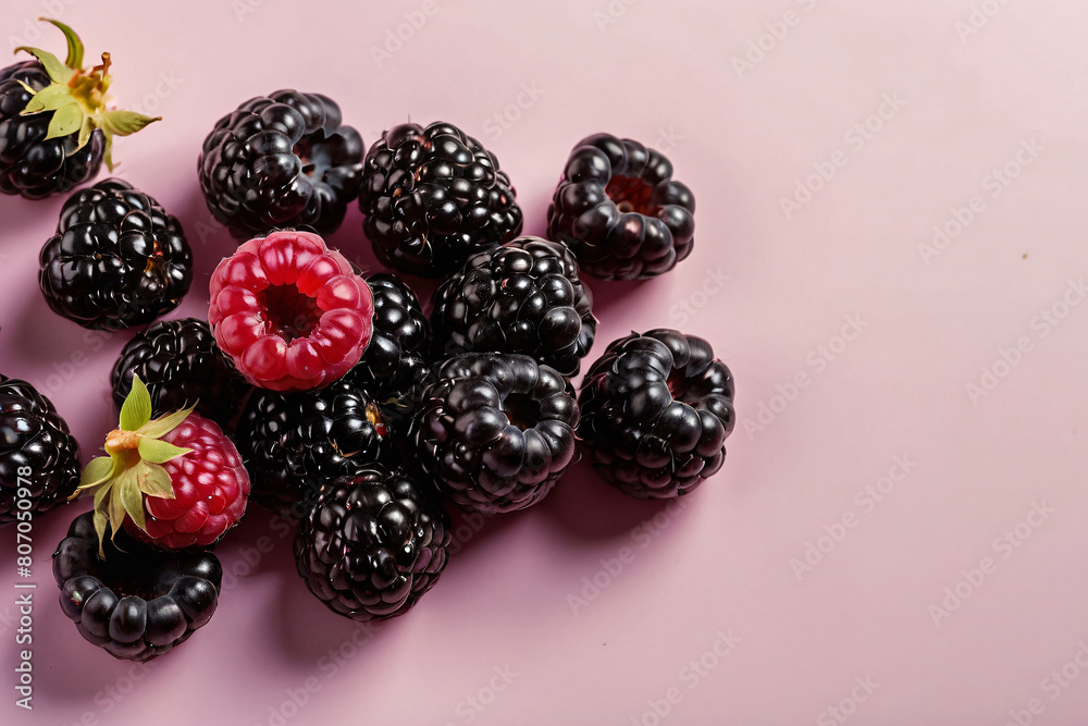 Fresh black raspberries at the corners of image on the light bright ...