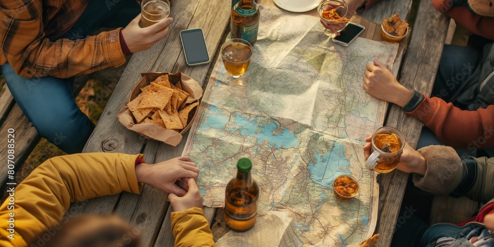 Group of friends planning their travel route on a map while enjoying ...