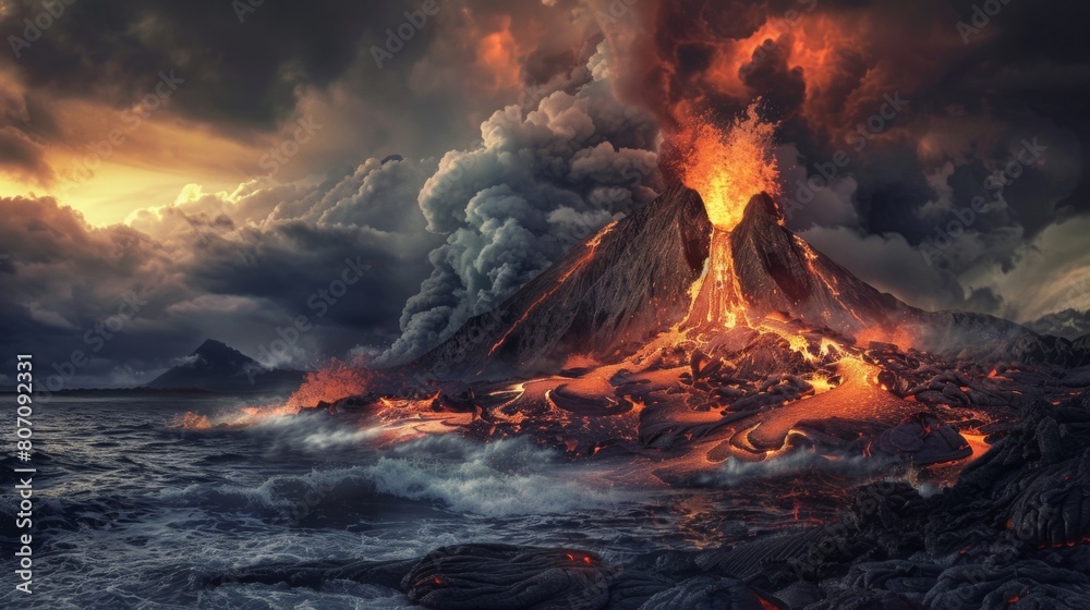 Captivating scene of a volcanic eruption with molten lava flowing into ...