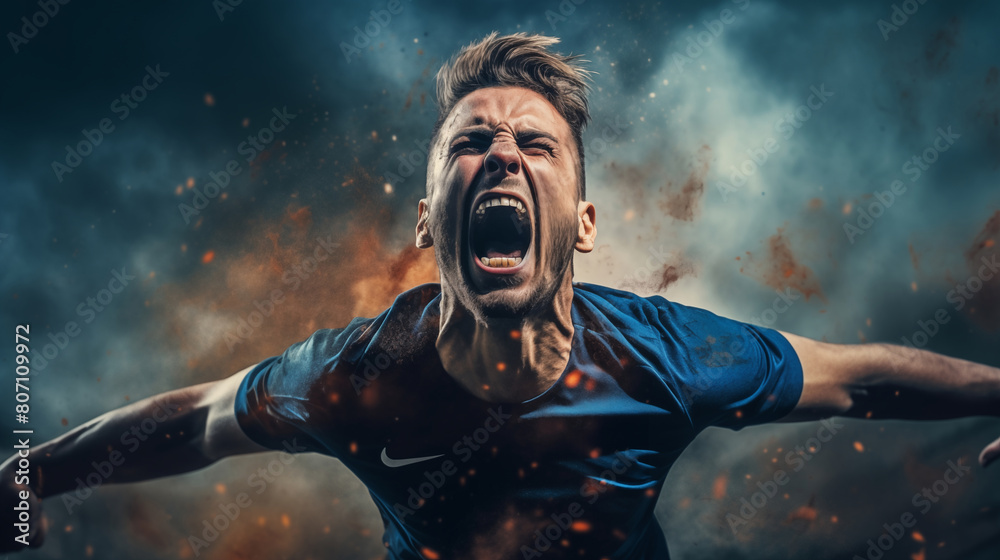Football player screams with joy in the stadium. Happy soccer player ...