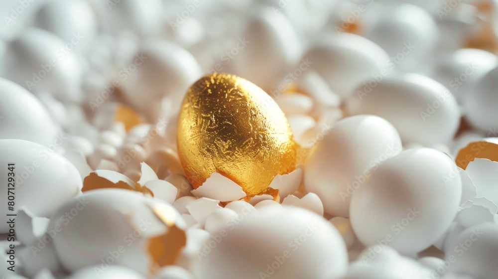 There is an intact golden egg among broken white eggs, expressing ...