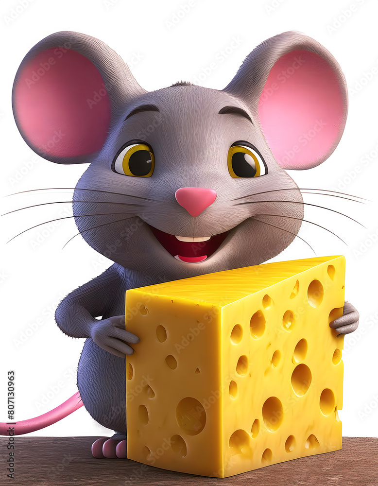 Happy Funny 3D Cartoon Mouse With Huge Lump Of Cheese Cartoon Art ...