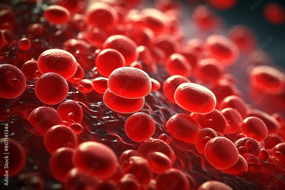 High-resolution image showing a close-up view of red blood cells in a ...