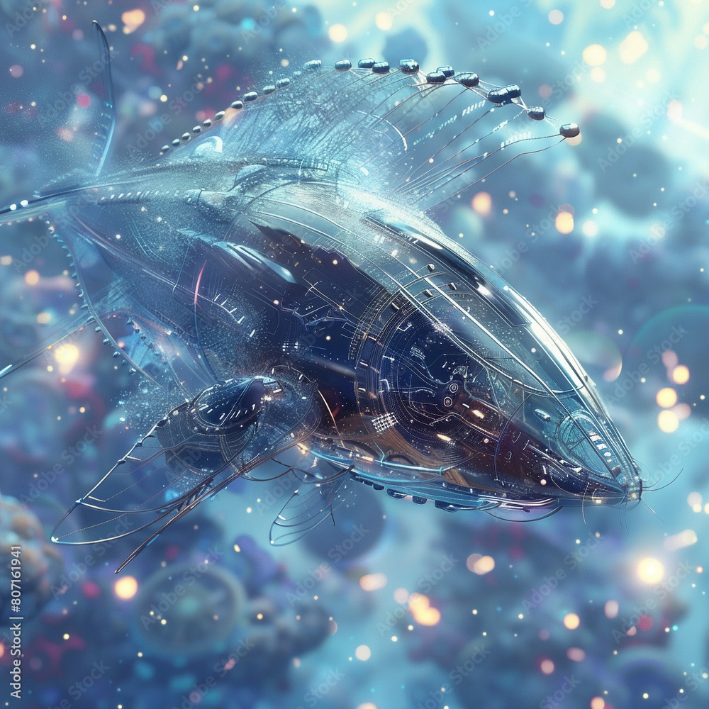 In a cosmic dance of technology and nature, a cybernetic fish swims ...