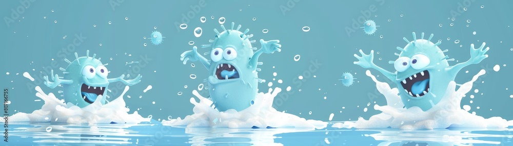 Cartoon germs running away from soap and water, Adding a lighthearted ...