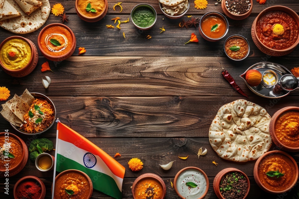 India Day celebration captured with cultural symbols on a wooden ...