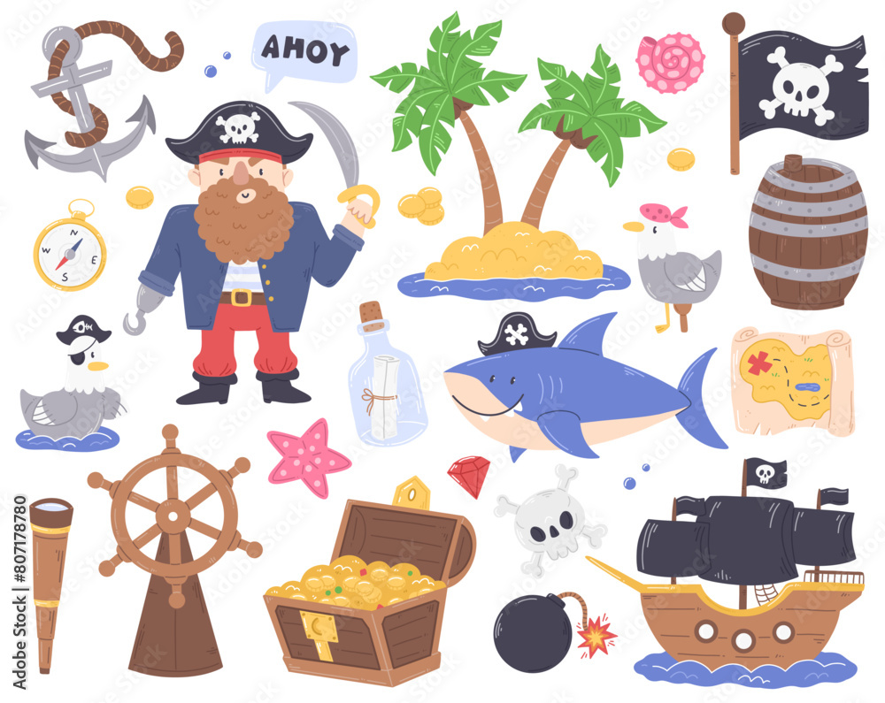 Cute pirate set in cartoon flat style. Vector illustration with cute ...