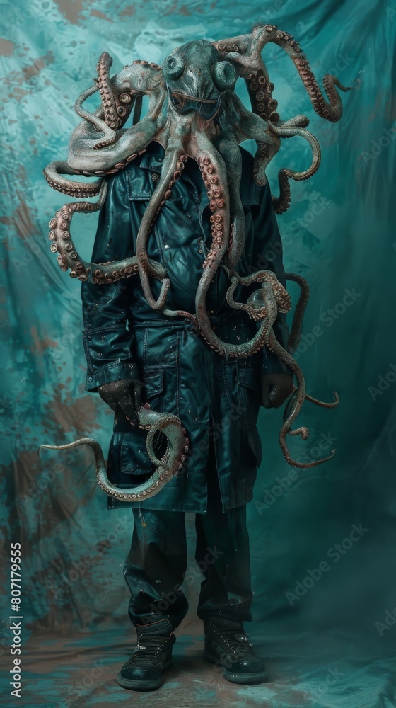 This avant-garde portrait features a figure in a kraken-themed ensemble, complete with tentacles ...