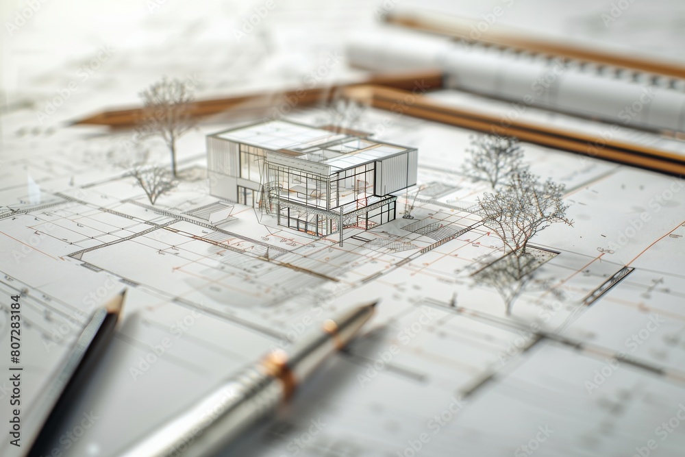 Detailed drawing of a house sitting on top of blueprints, showcasing ...
