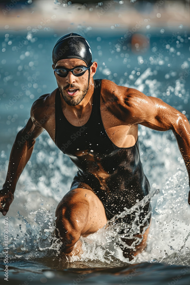 Triathlon swimming man running out of water during ironman race. Male ...