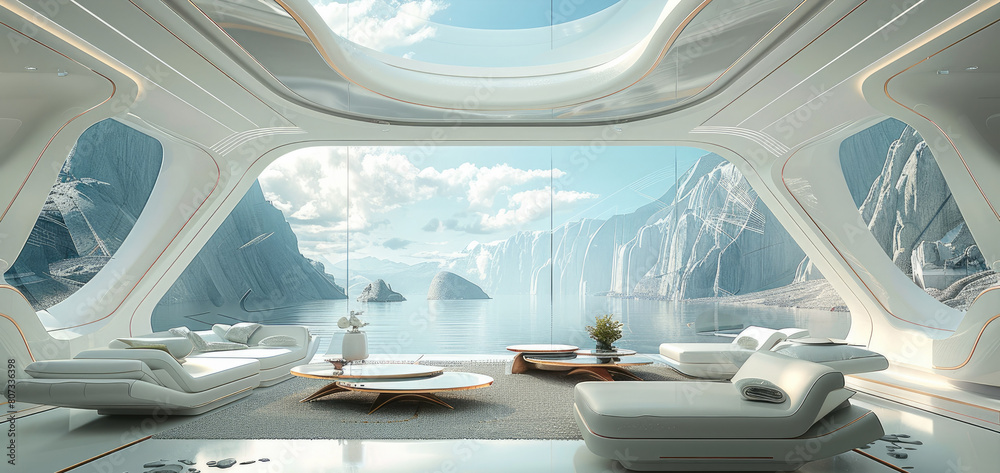 Futuristic interior with large windows, view of beautiful scene in the ...